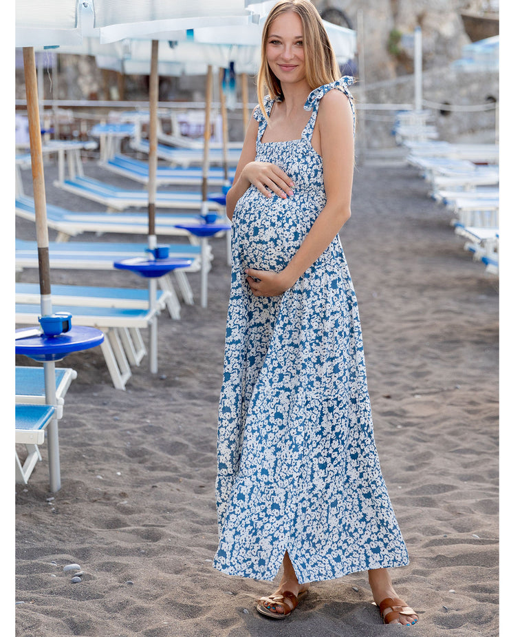 Floral Maternity Maxi Dress in Blue Floral Print > Shoulder Tie ...